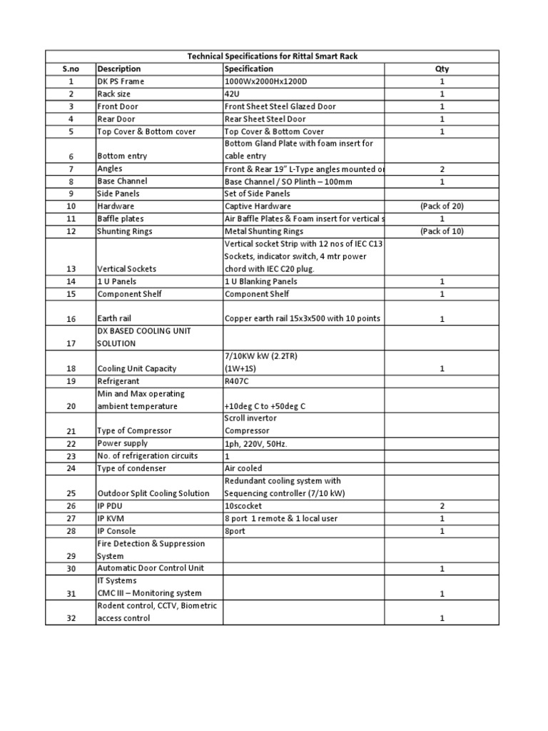 Technical Specifications for a 42U Smart Rack with Redundant Cooling ...