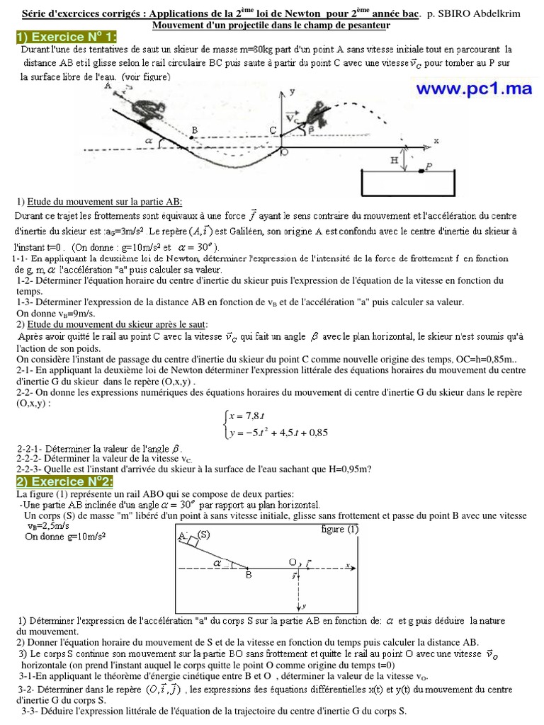 Série d'Exercices Application de La 2ème Loi de Newton SBIRO Abdelkrim (Www.pc1.Ma) | PDF