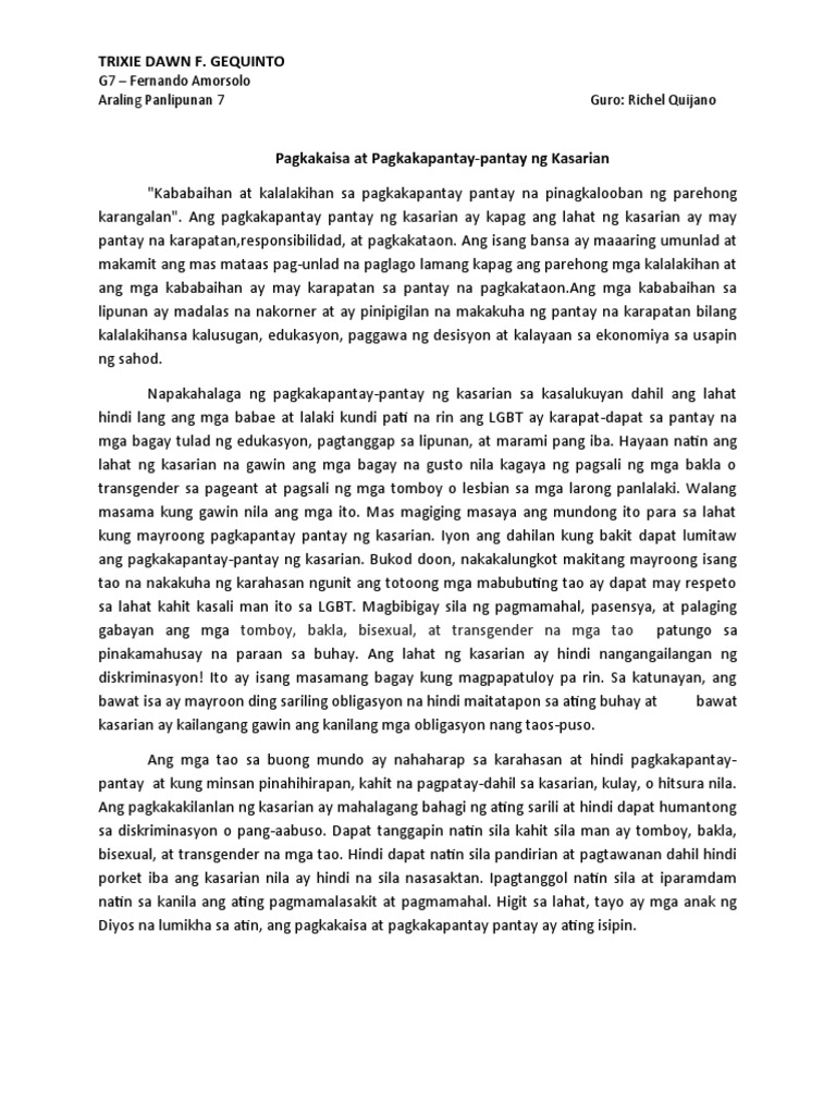 Gender Equality( Tagalog | PDF