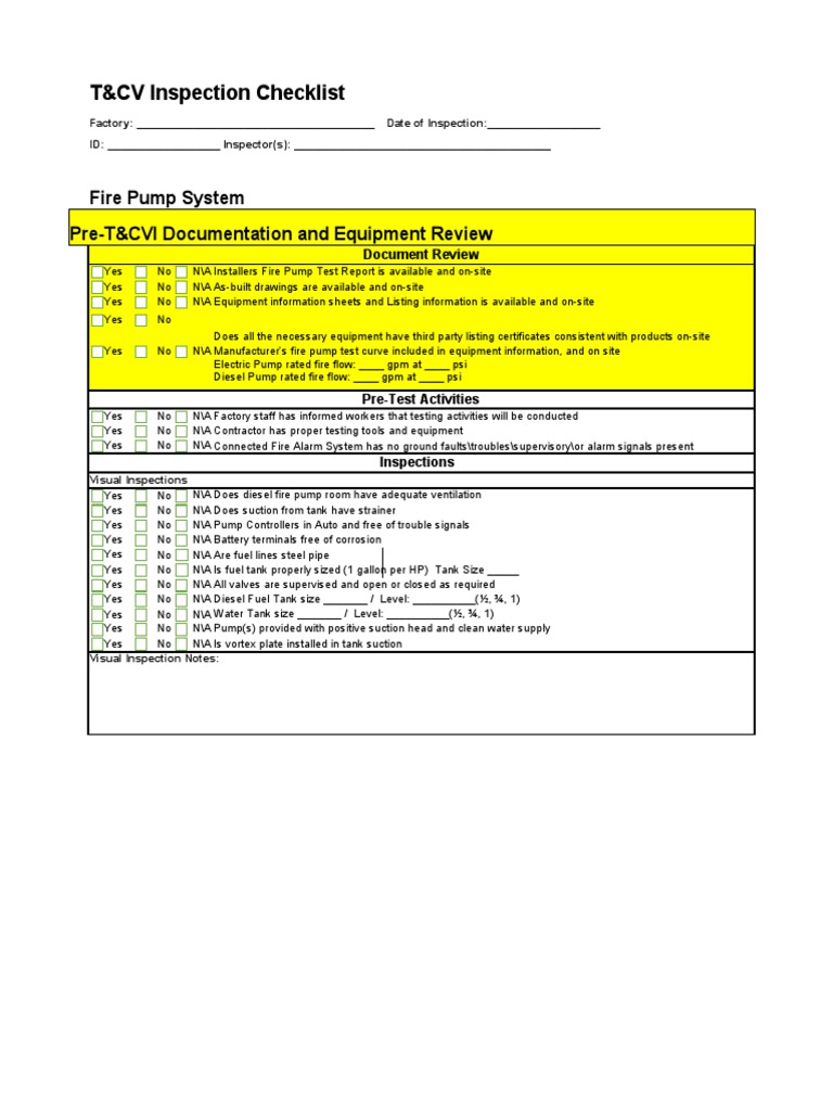 Fire Pump Systems Checklist Inc. Pre-T - CVI Visit | PDF