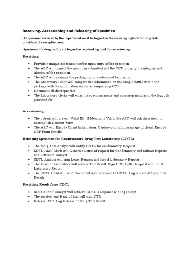 Receiving, Accessioning and Releasing of Specimen | PDF