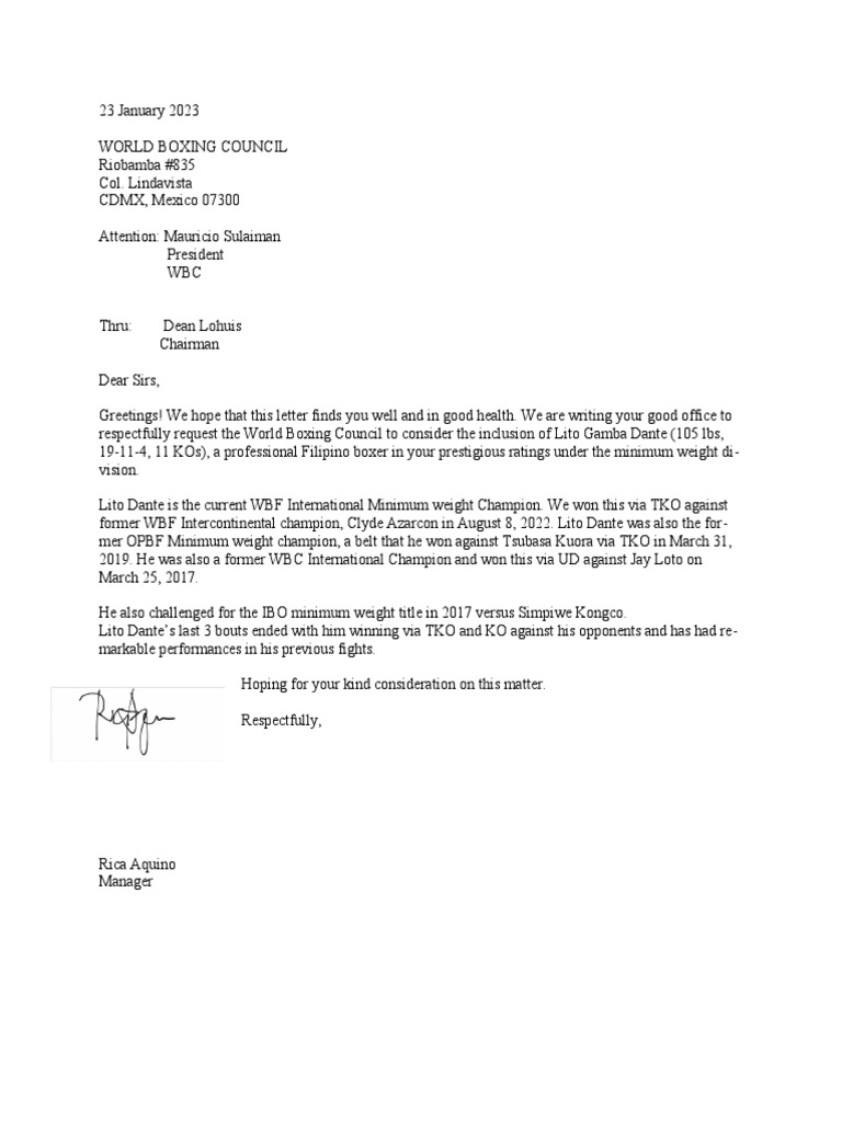 WBC Letter LitoDanteword | PDF