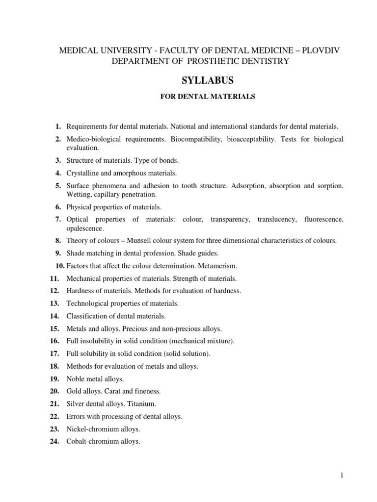Dental Materials Syllabus for BDS 2nd Year | PDF | Alloy | Poly(Methyl ...