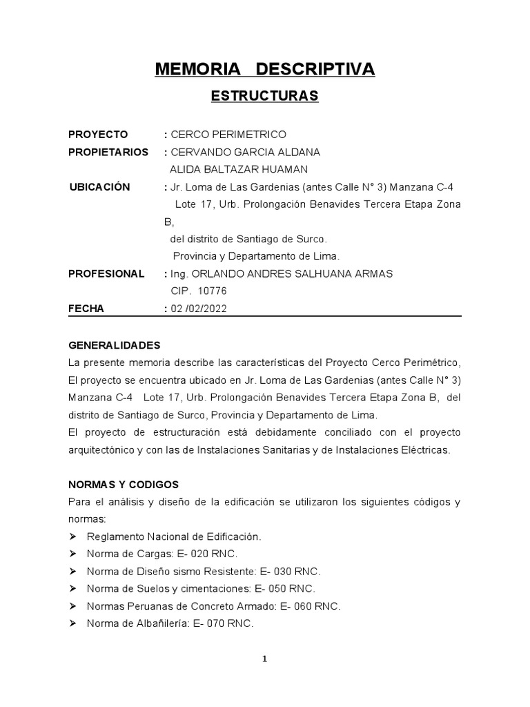 Memoria Descriptiva Estructura | PDF | Hogar, jardinería y bricolaje | Ciencia y matemáticas