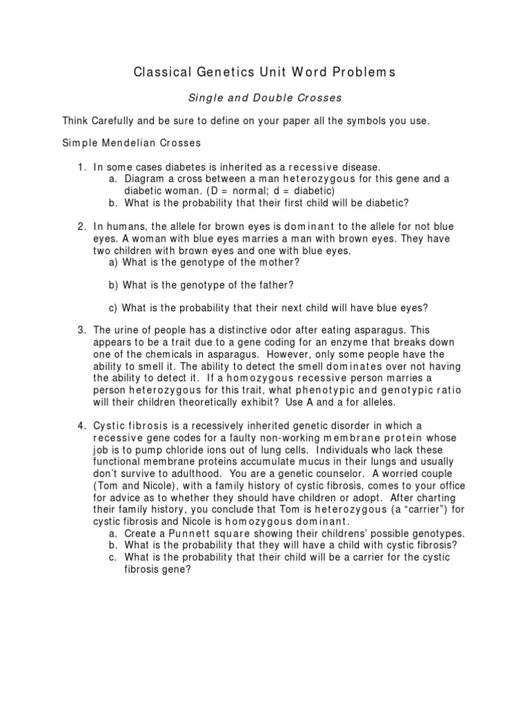 Classical Genetics Unit Word Problems - Single and Double Crosses | PDF ...