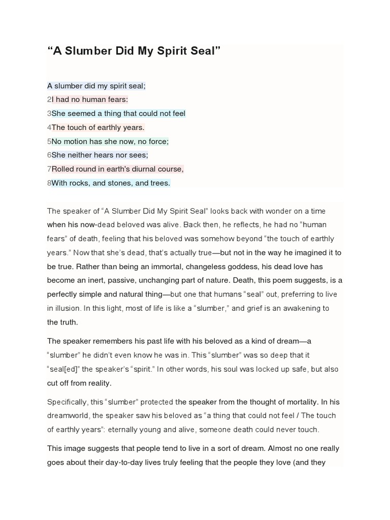 A Slumber Did My Spirit Seal | PDF | Metre (Poetry) | Poetry