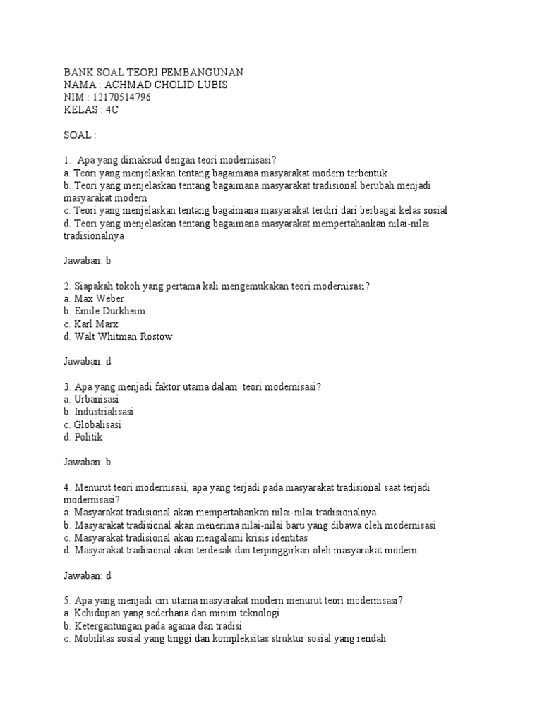 Bank Soal Teori Pembangunan Cholid Lubis | PDF