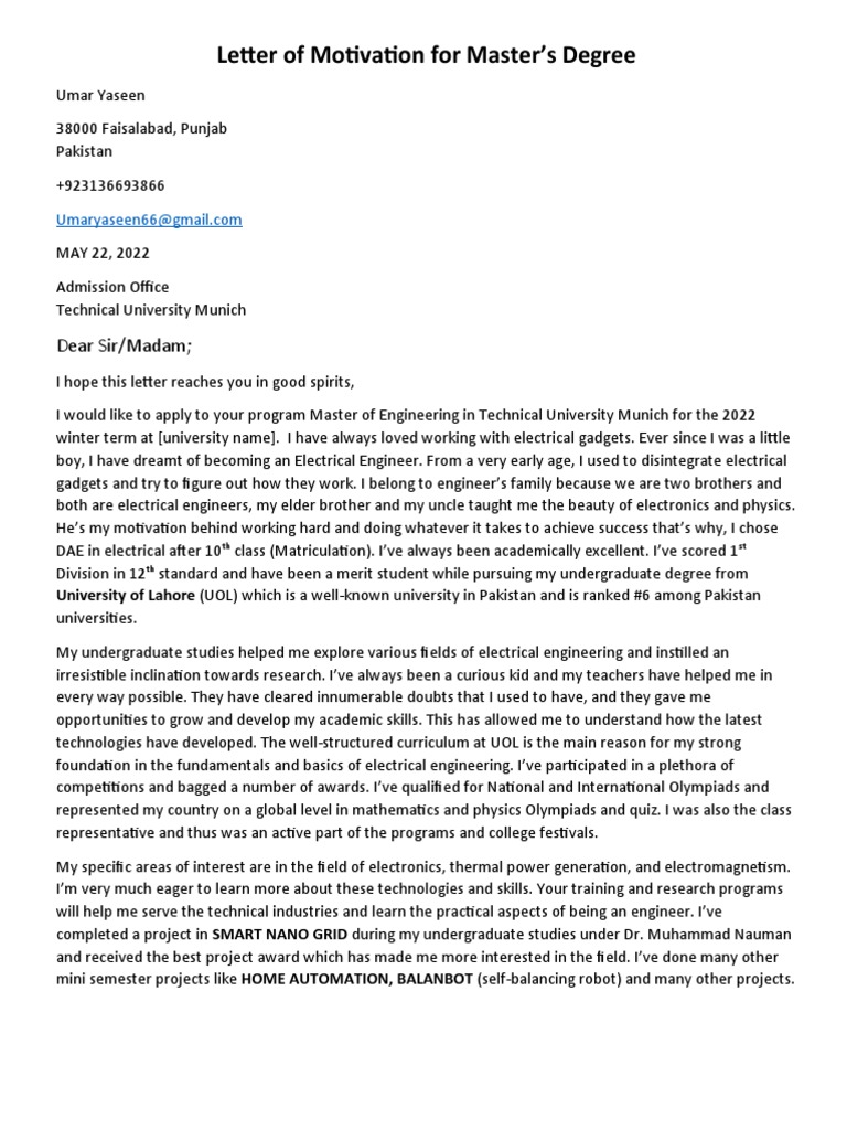 Letter of Motivation-Technical University Munich | PDF