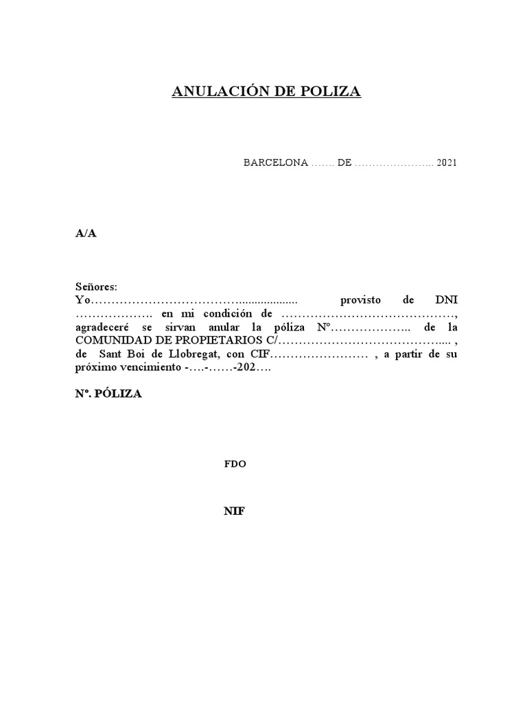 Carta Anulacion Polizas Comunidad | PDF