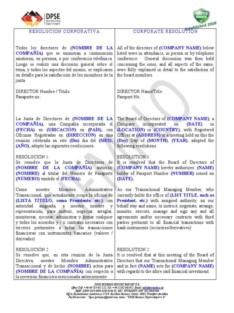 resolucion corporativa CORPORATE RESOLUTION | PDF