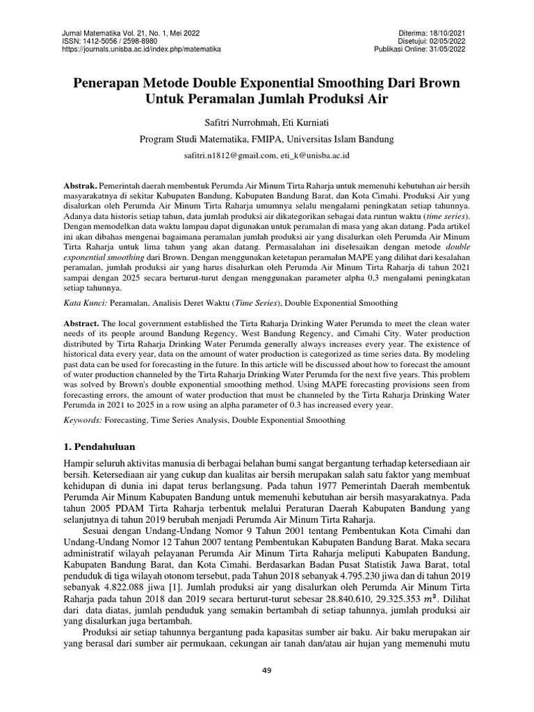 Penerapan Metode Double Exponential Smoothing Dari Brown Untuk Peramalan Jumlah Produksi Air ...
