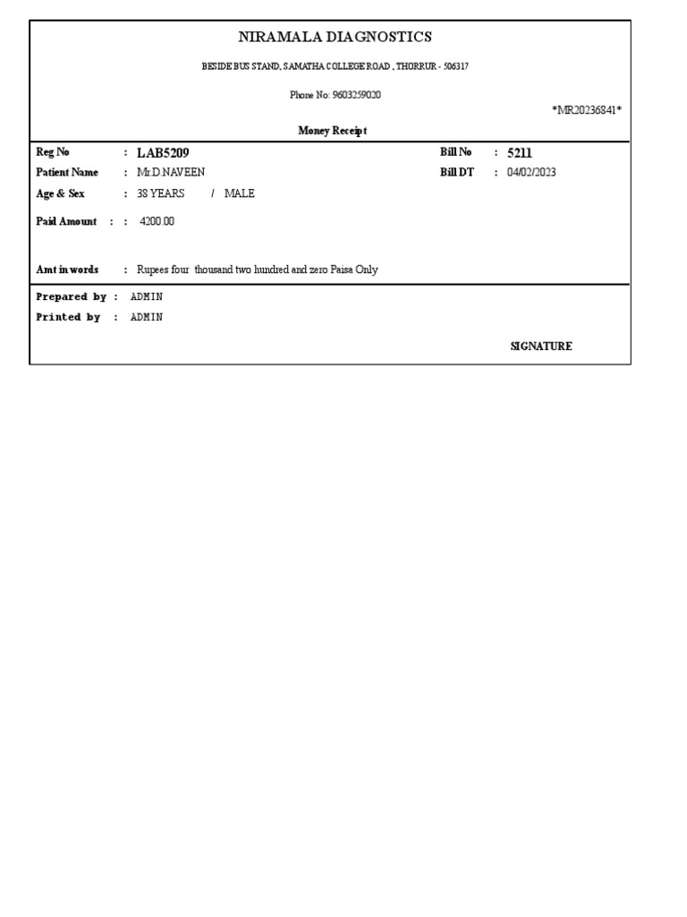 Niramala Diagnostics: Reg No Bill DT: Paid Amount: Money Receipt ...
