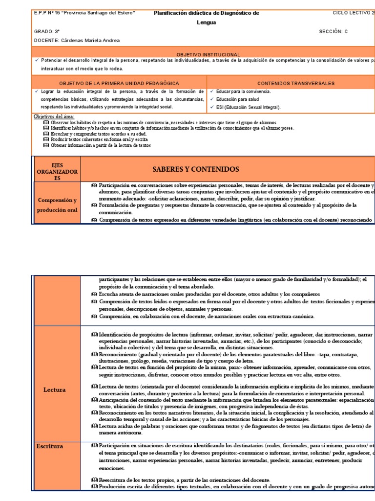 Planificación didáctica de Lengua para tercer grado con objetivos ...