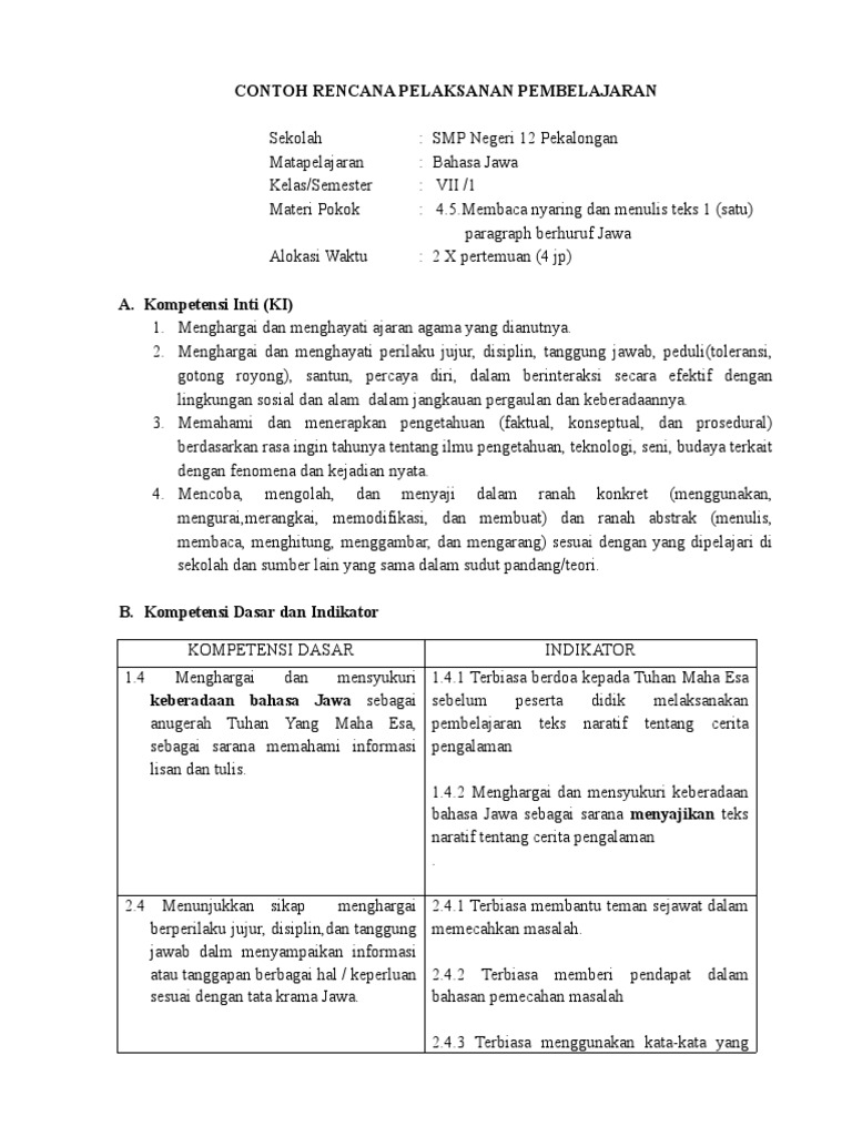 PENDEK RENCANA PEMBELAJARAN BAHASA JAWA | PDF