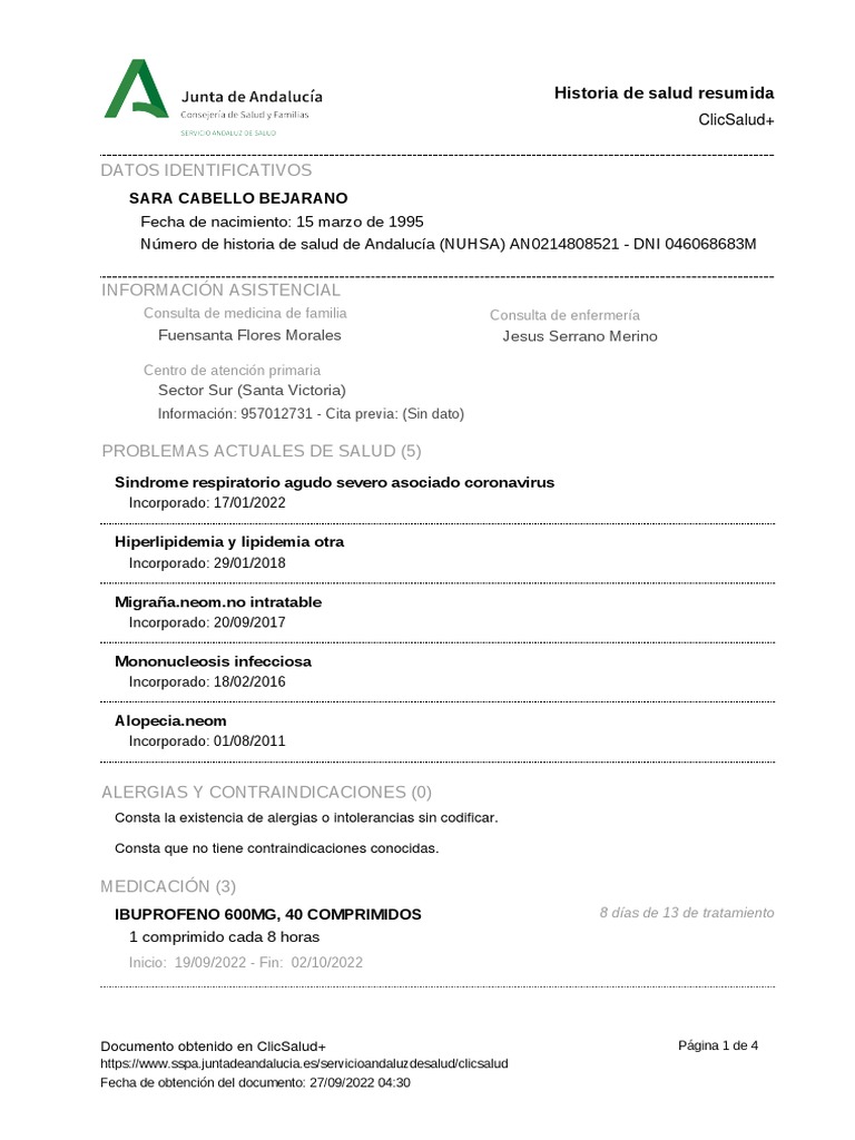 Historia clínica de Sara Cabello Bejarano | PDF | Relaciones personales ...