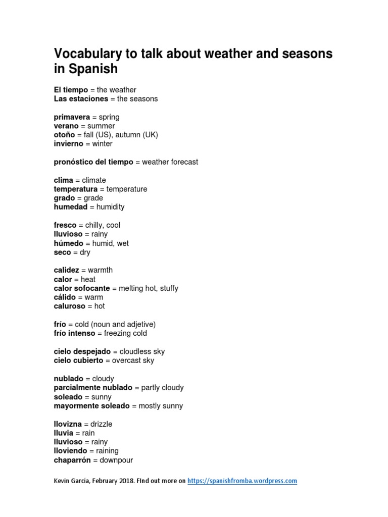 Vocabulary To Talk About Weather and Seasons in Spanish | PDF