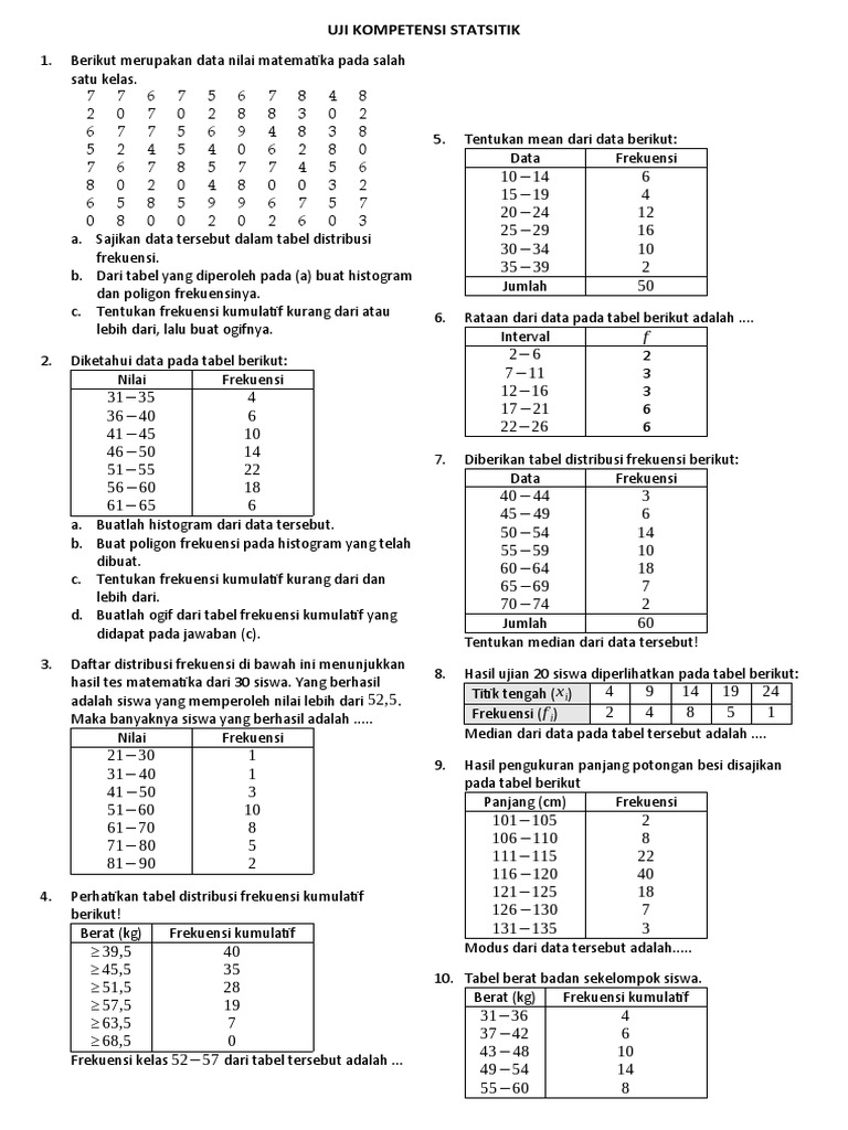 Uji Kompetensi Statistik 1 | PDF