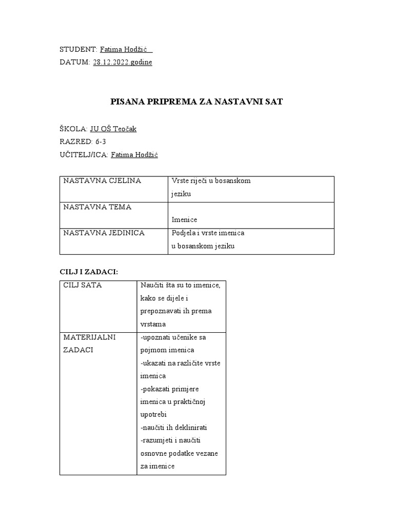 Obrazac Nastavne Pripreme | PDF