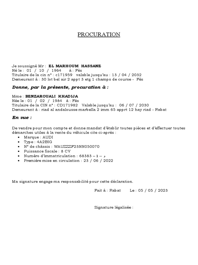 Procuration Vente Auto | PDF