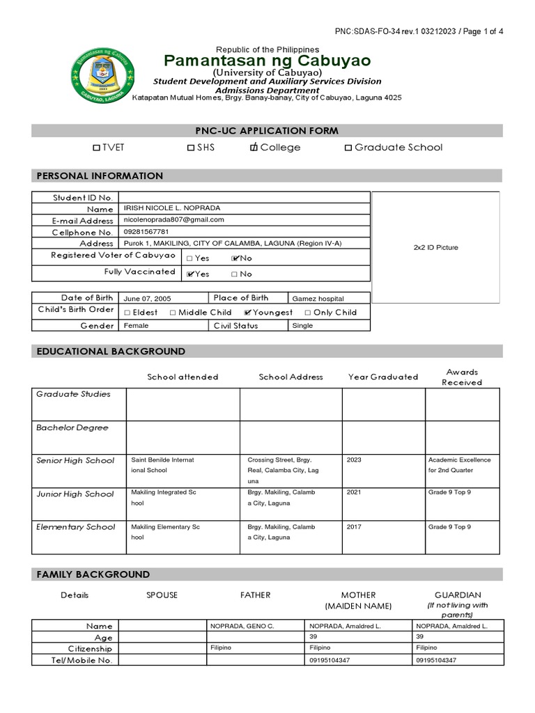 PNC Application Form Irish Nicole L. Noprada | PDF | Bachelor's Degree | Academic Degree