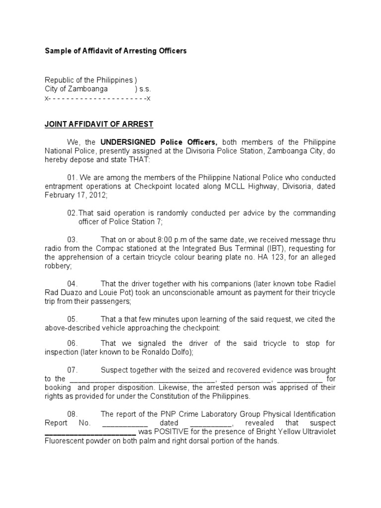 Sample of Affidavit of Arresting Officers | Download Free PDF | Affidavit | Crimes