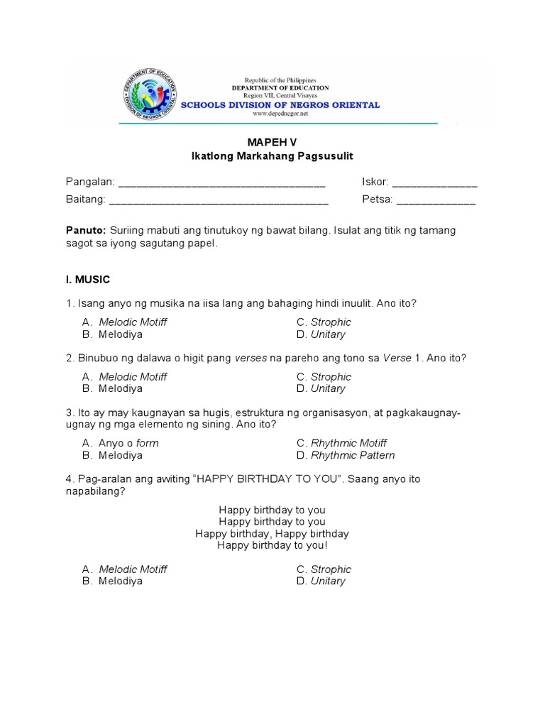 Mapeh-5-3rd Quarter-Periodical Test | PDF