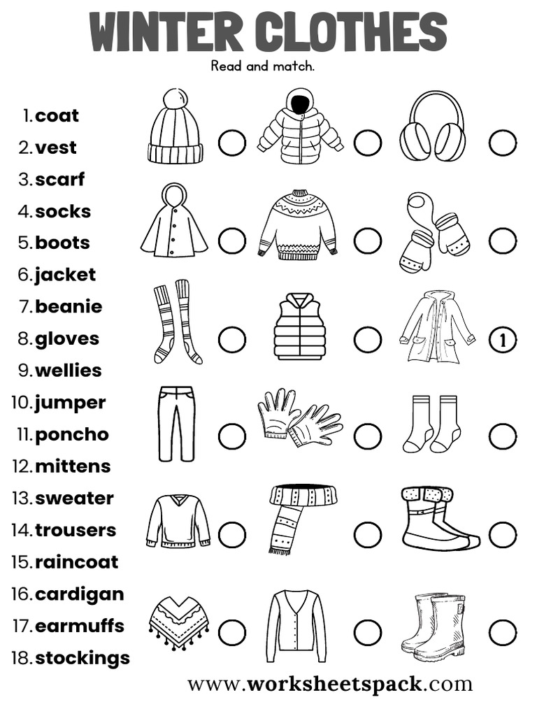 Winter Clothes Worksheet Black and White | PDF