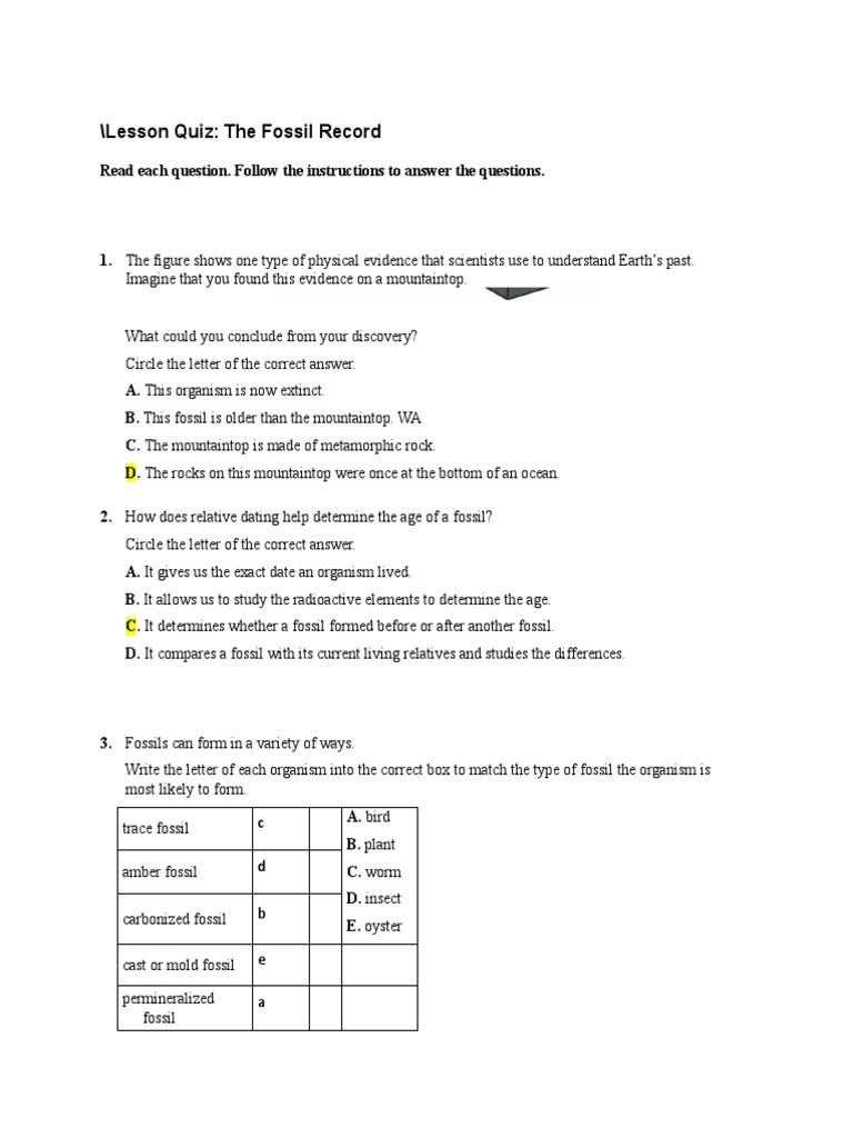 Fossil Record Lesson Quiz | PDF | Fossil | Rock (Geology)