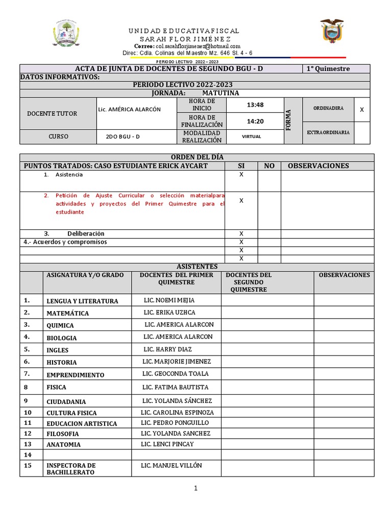 ACTA DE JUNTA extraordinariaDE 2DO BGU E. PRIMER QUIMESTRE. | PDF