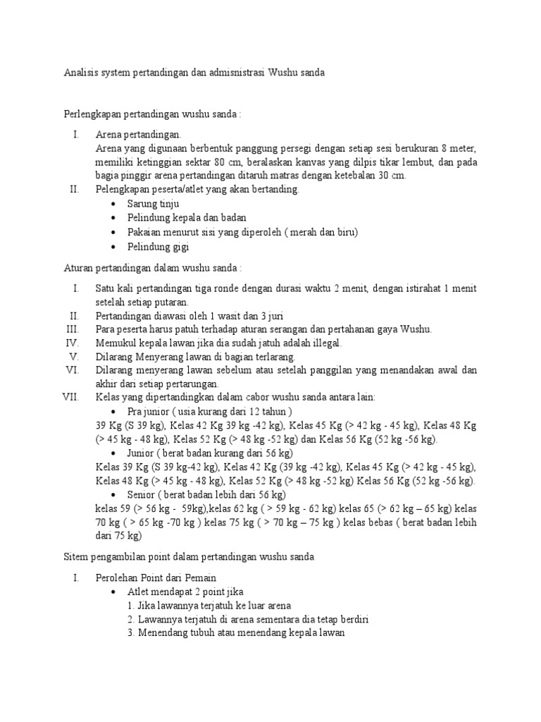 Analisis System Pertandingan Dan Admisnistrasi Wushu Sanda | PDF