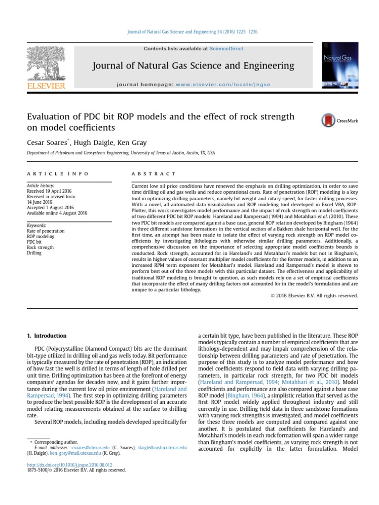 Evaluation of PDC Bit ROP Models and The Effect of Rock Strength On ...