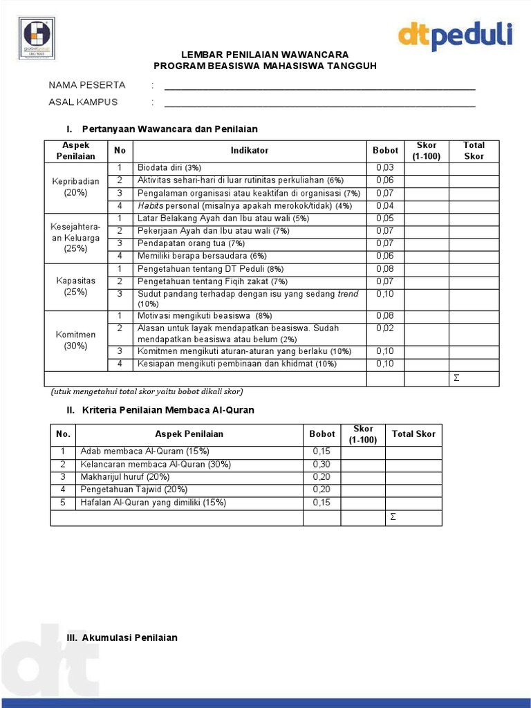 Lembar Penilaian Wawancara Besmata 2021 | PDF
