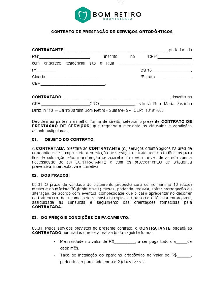 CONTRATO DE ORTO- BR | PDF | Odontologia | Privacidade de informações