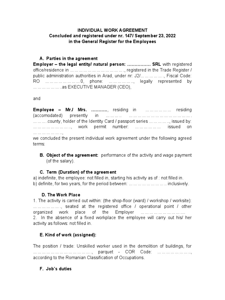 Contract Individual de Munca Engleza | PDF | Employment | Working Time