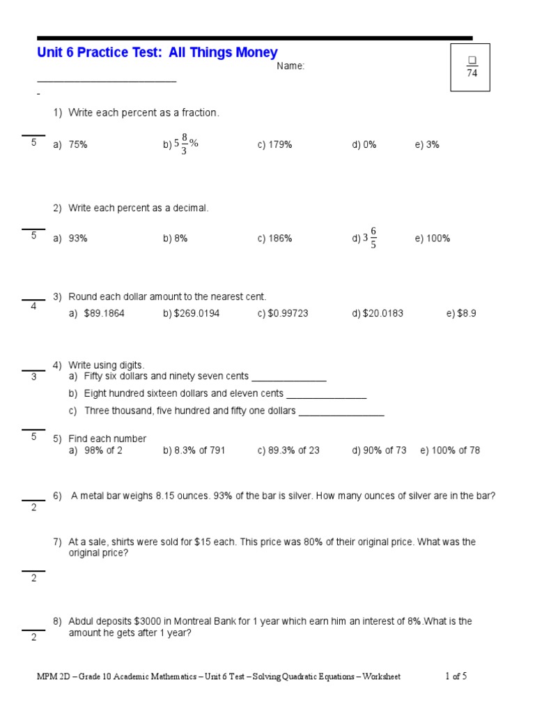 Unit 5 Practice Test | PDF | Interest | Money Unit 5 Practice Test | PDF | Interest | Money