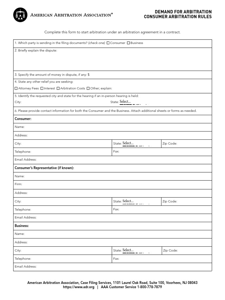 Consumer Demand For Arbitration Form 3 | PDF