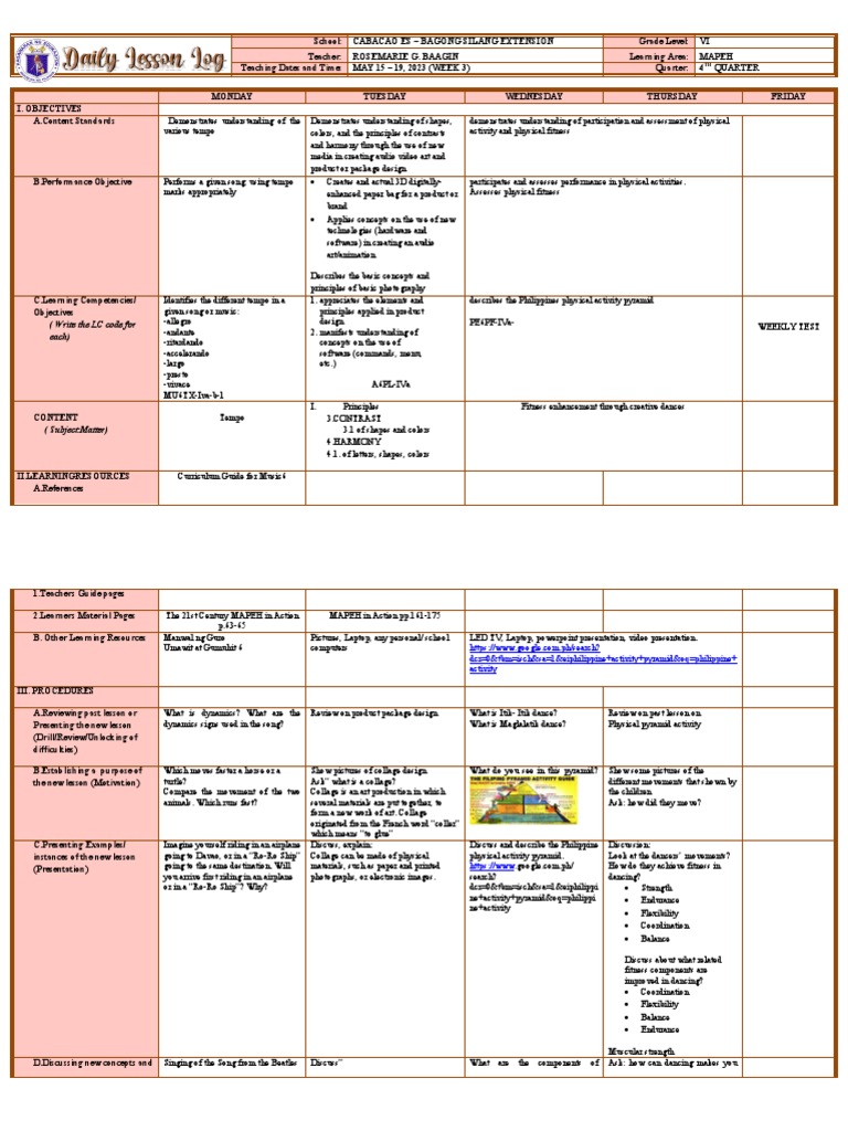 DLL - Mapeh 6 - Q4 - W3 | PDF