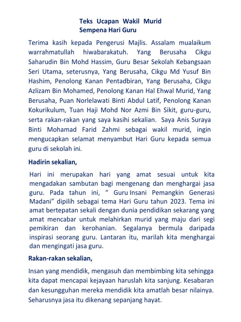 Teks Ucapan Hari Guru Wakil Murid | PDF