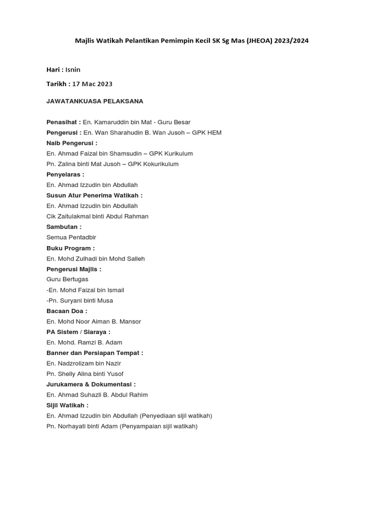 AJK & Tentatif Majlis Watikah Pelantikan Pemimpin Kecil Sekolah 2023 | PDF