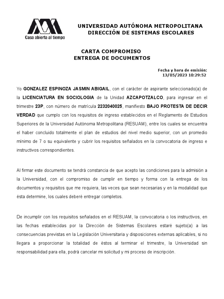 UAM Carta Compromiso | PDF