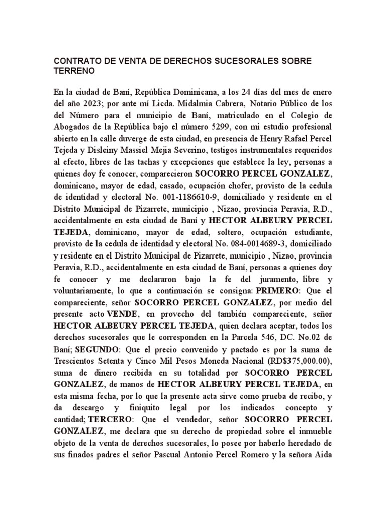 Contrato de Venta de Derechos Sucesorales Sobre Terreno Wilson Albeury | PDF