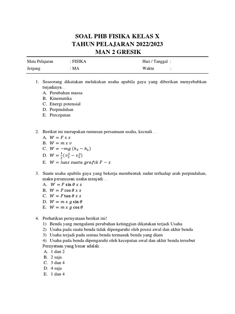 Soal PHB Fisika Kelas X | PDF