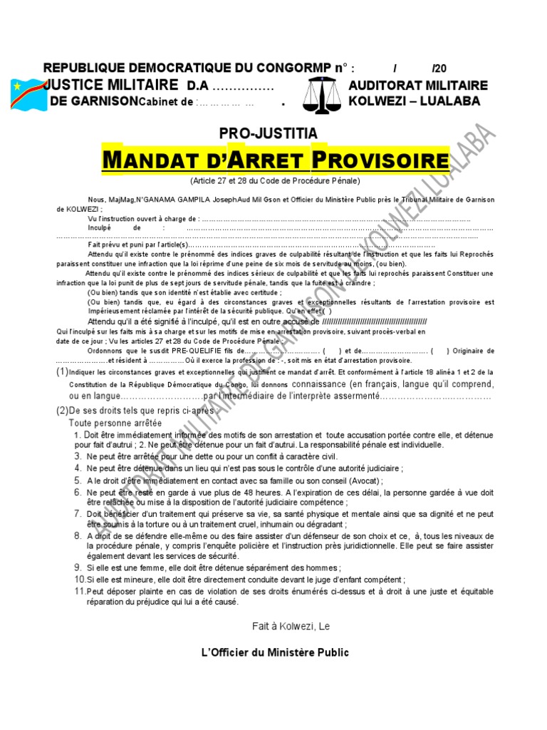 Mandat d'Arrestation Provisoire RDC | PDF | Sciences sociales | Droit