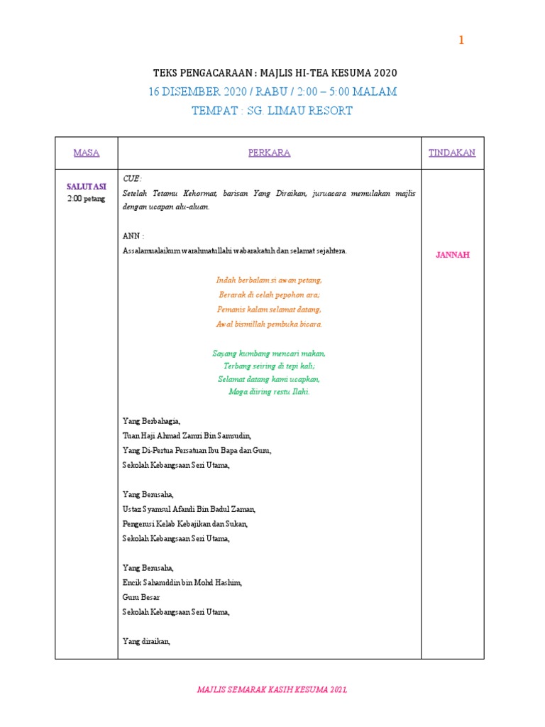 Teks MC Majlis Hi - Tea Kesuma 2020 | PDF