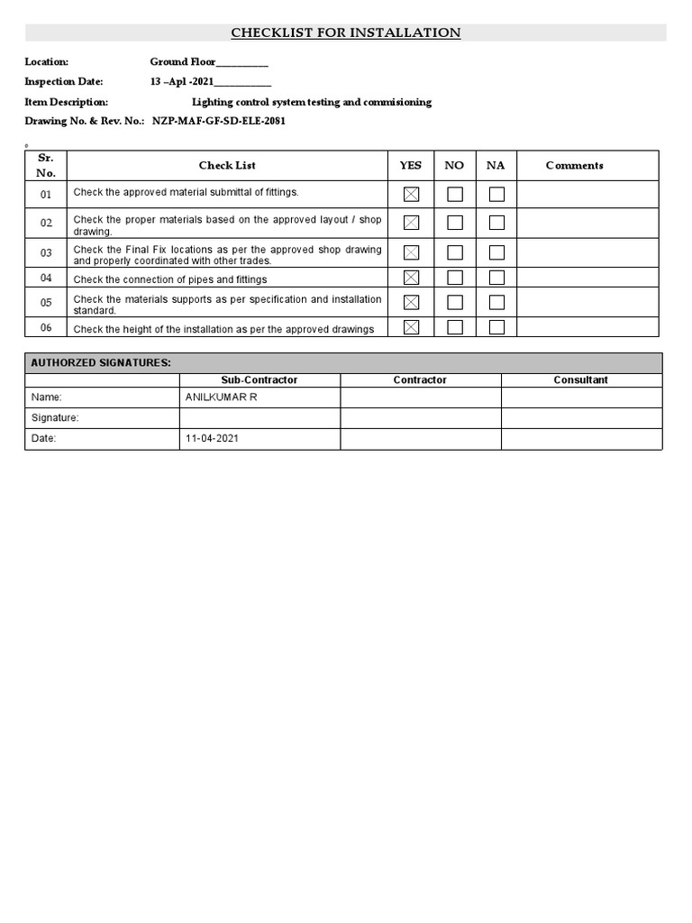CHECK LIST-Installation of Lcs Testing and Commisioning | PDF