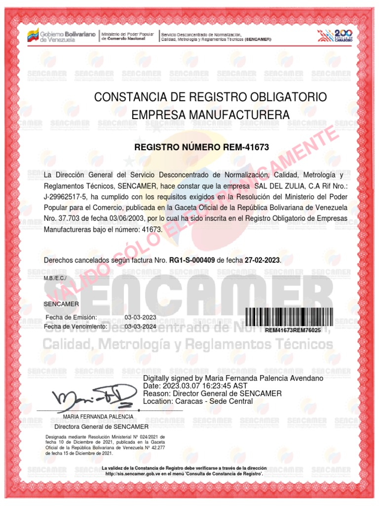 Certificado Sencamer | PDF