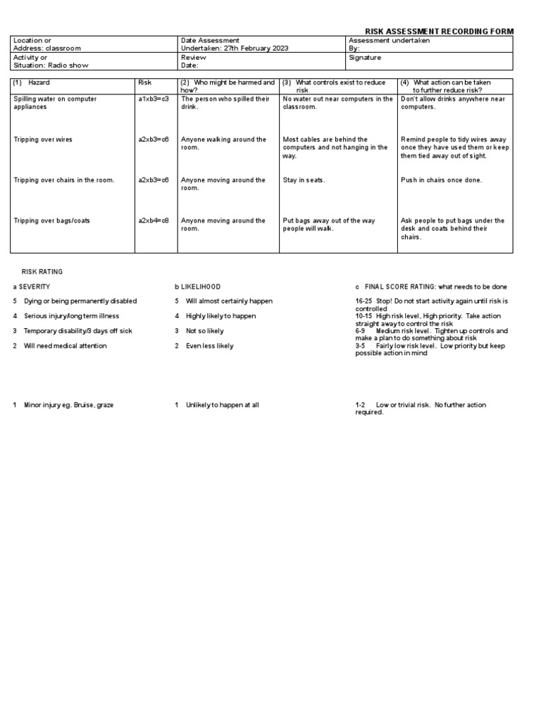 Risk Assessment Class Room | PDF