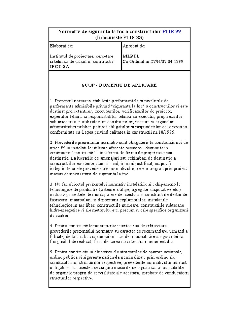 Normativ de Siguranta La Foc A Constructiilor P118-99 | PDF