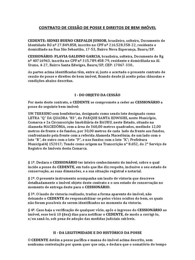 Modelo Cessão De Direitos Possessorios Pdf