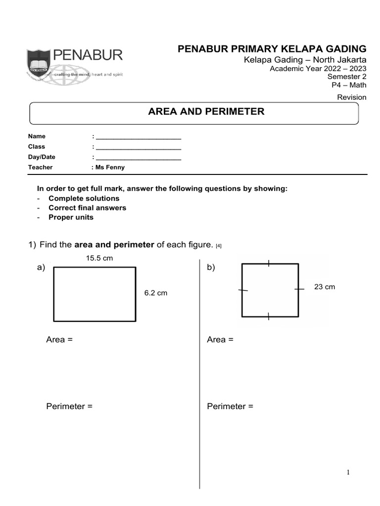 Revision Area & Perimeter | Download Free PDF | Area | Elementary ...
